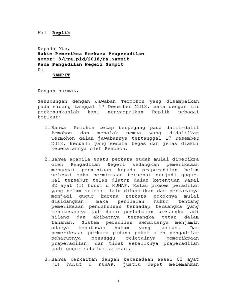 Contoh Replik Praperadilan Pidana | PDF