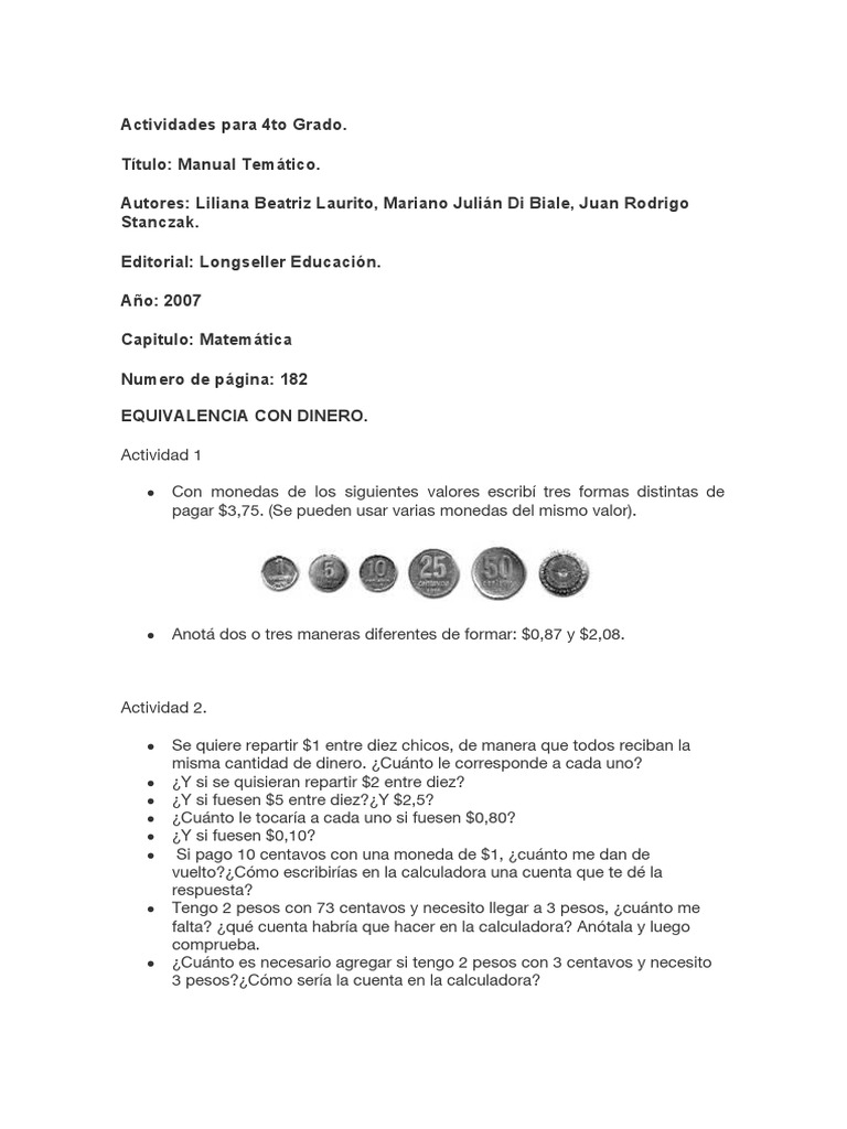 Actividades Matemáticas con Dinero 4to Grado | PDF | Dinero | Enseñanza ...