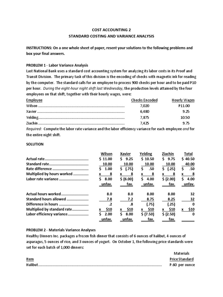 Standard Costing and Variance Analysis Problems Exam Solution | PDF ...