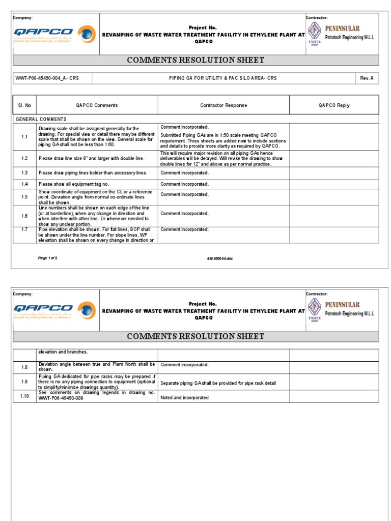 Comments Resolution Sheet: Company: Contractor | PDF | Nature