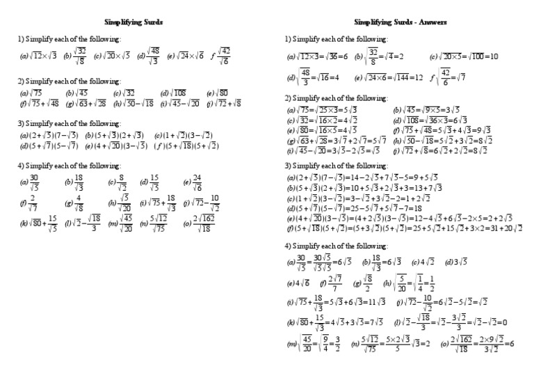 WS-Simplifying Surds - With Answers PDF | PDF