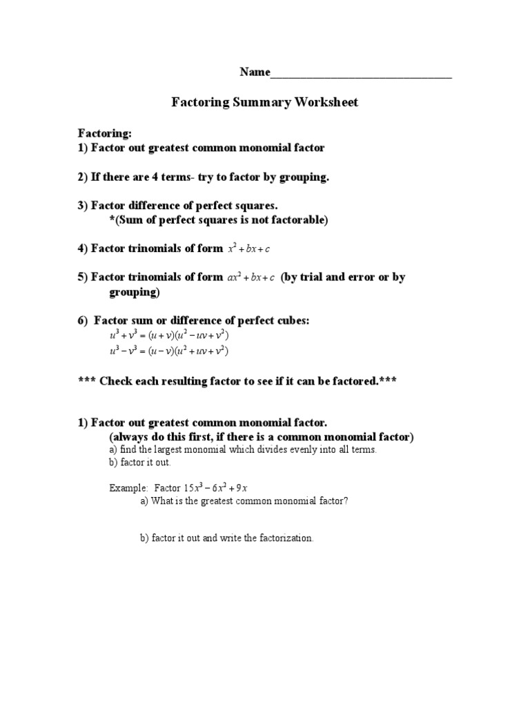 Factoring Techniques Summary Worksheet | PDF | Factorization | Algebra