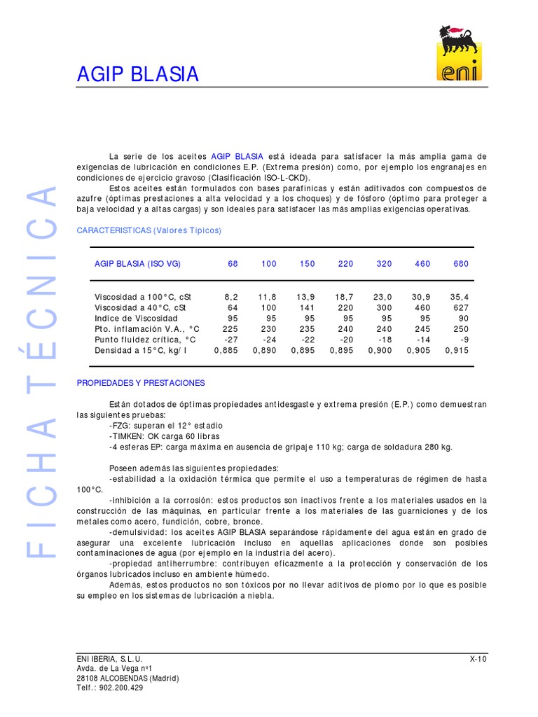 Agip Blasia | PDF | Engranaje | Lubricante