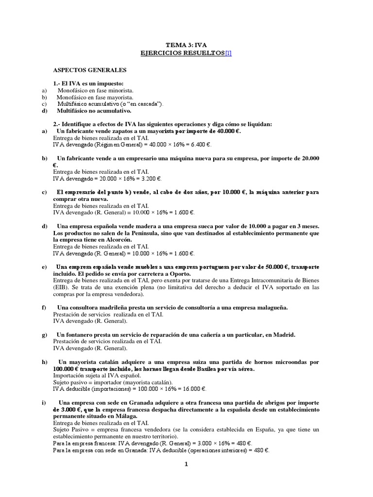 Ejercicios Resueltos de IVA Parte 1 PDF | PDF | Impuesto al valor agregado | Euro