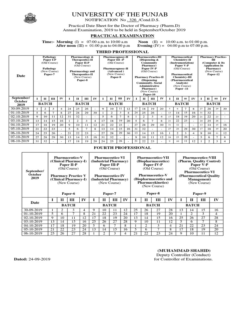University of the Punjab Practical Date Sheet for Doctor of Pharmacy ...