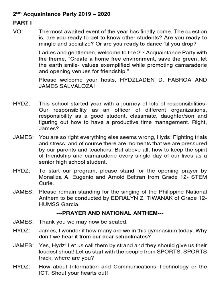 2ND Acquaintance Party 2019 EMCEE SCRIPT | PDF | Learning