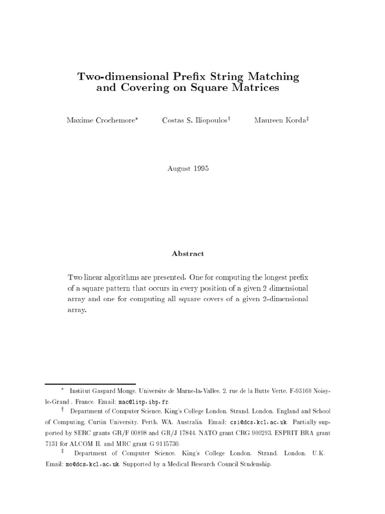 Two-Dimensional Prex String Matching and Covering On Square Matrices | PDF | Time Complexity ...