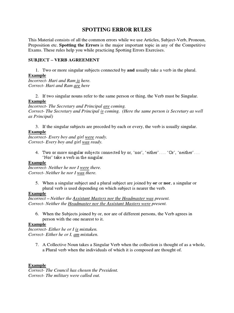 Spotting Error Rules: Subject - Verb Agreement | PDF | Grammatical ...