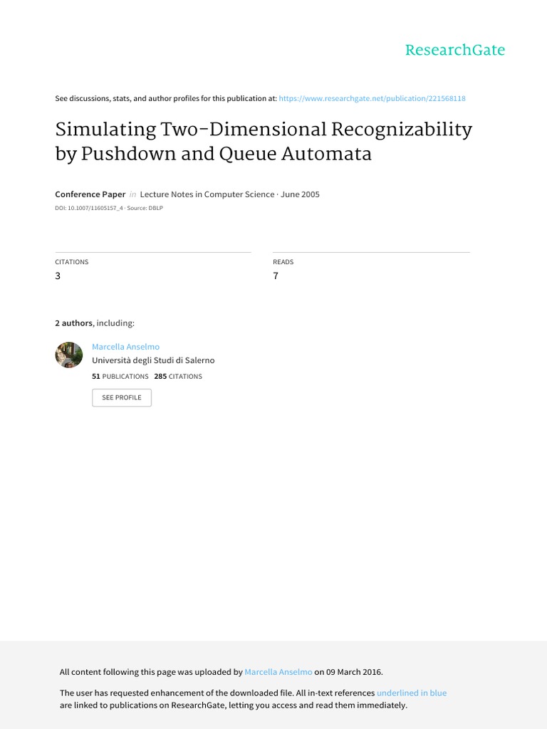 Simulating Two-Dimensional Recognizability by Pushdown and Queue Automata | PDF | Models Of ...