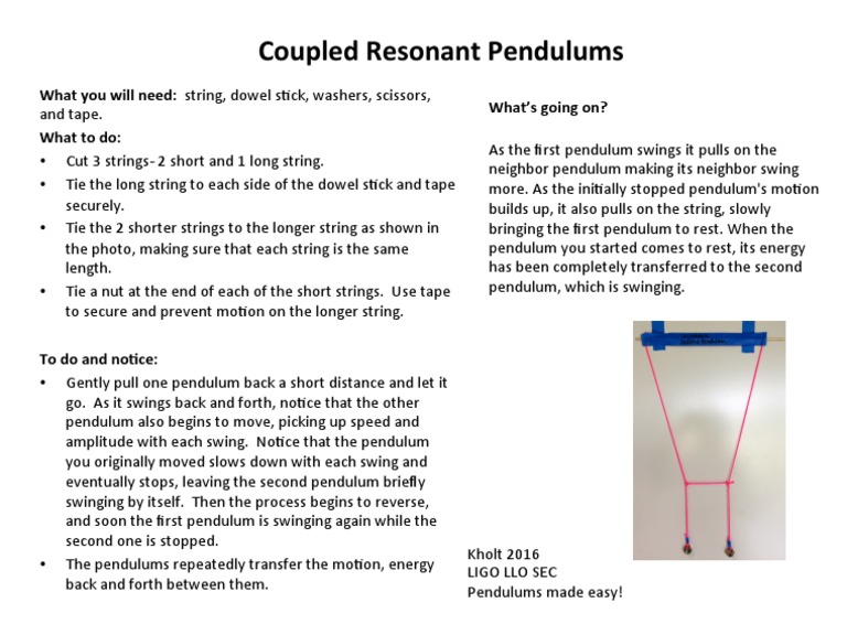 Coupled Resonant Pendulums: What You Will Need: String, Dowel S/CK ...
