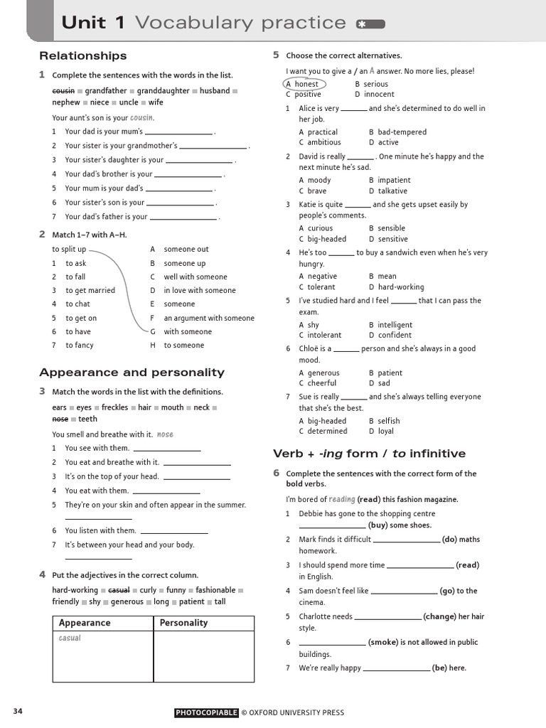Unit 1 Unit 1: Grammar Practice Vocabulary Practice | PDF | Actor ...