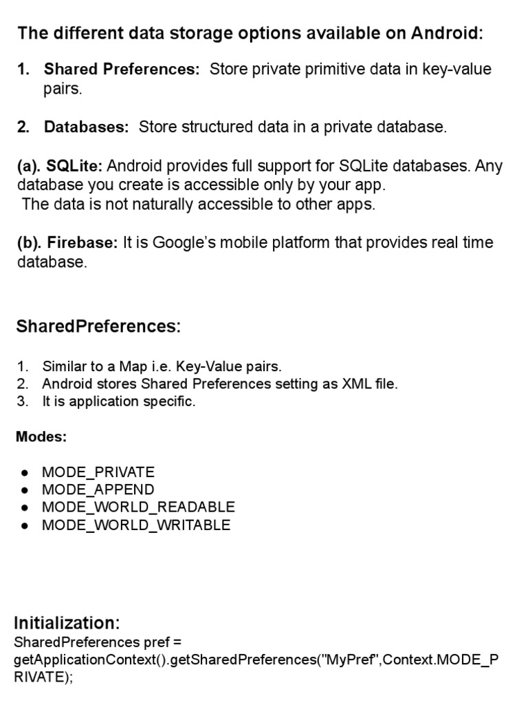 The Different Data Storage Options Available On Android:: Pairs | PDF