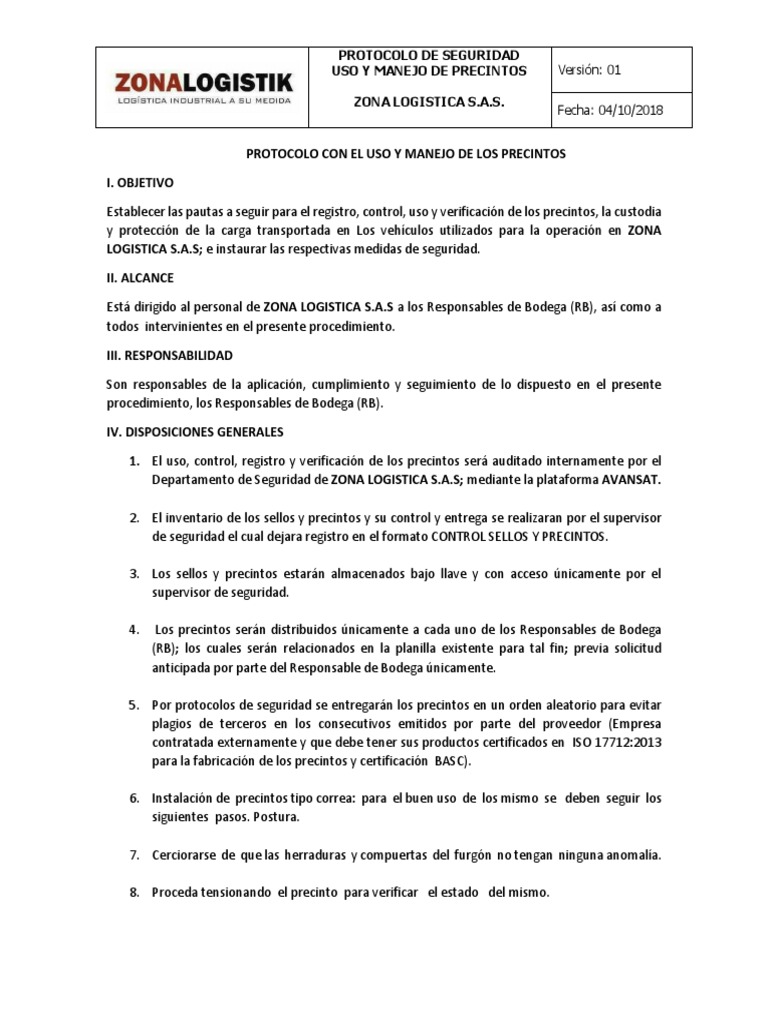 Protocolo Con El Uso y Manejo de Los Precintos V1 | PDF | Logística | Business