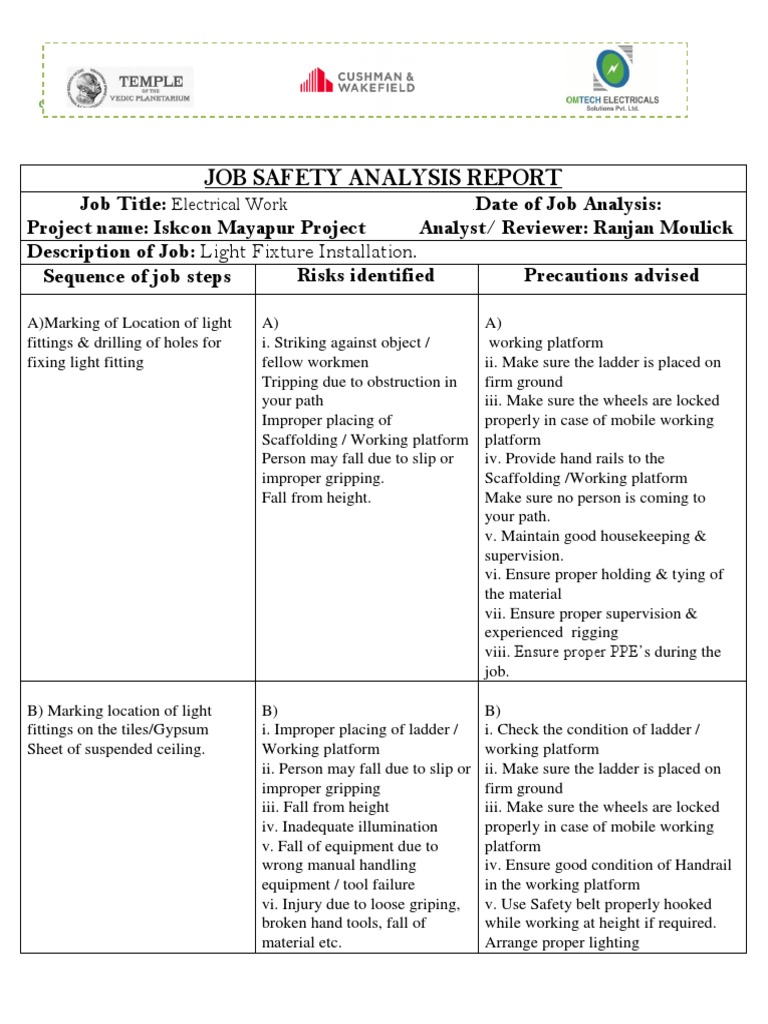 JSA For Light Fixing 999 | PDF | Ladder | Personal Protective Equipment