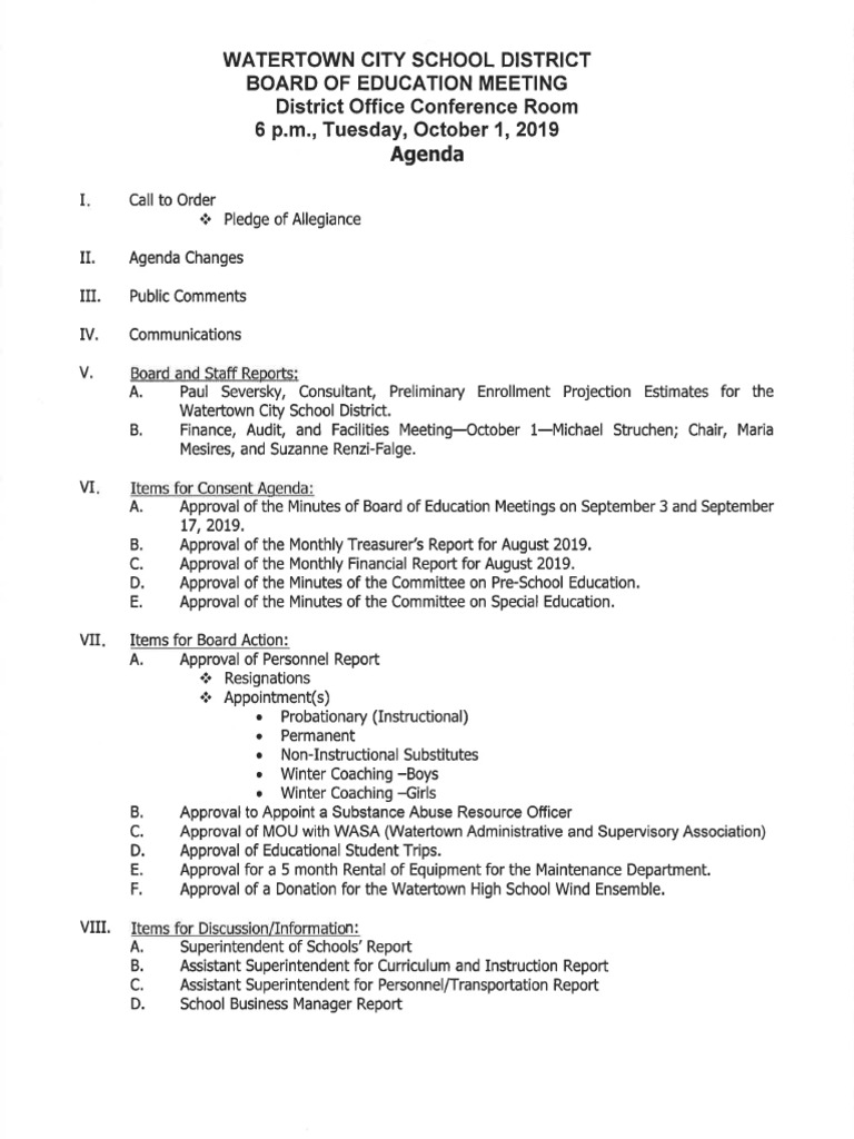 Watertown City School District Board of Education Agenda Oct. 1, 2019 ...