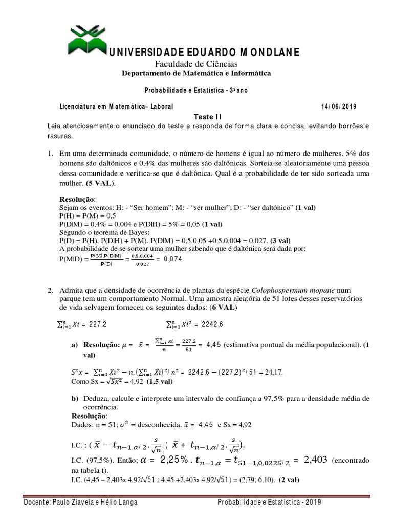 Teste de Probabilidade e Estatística | PDF | Teoria Estatística ...