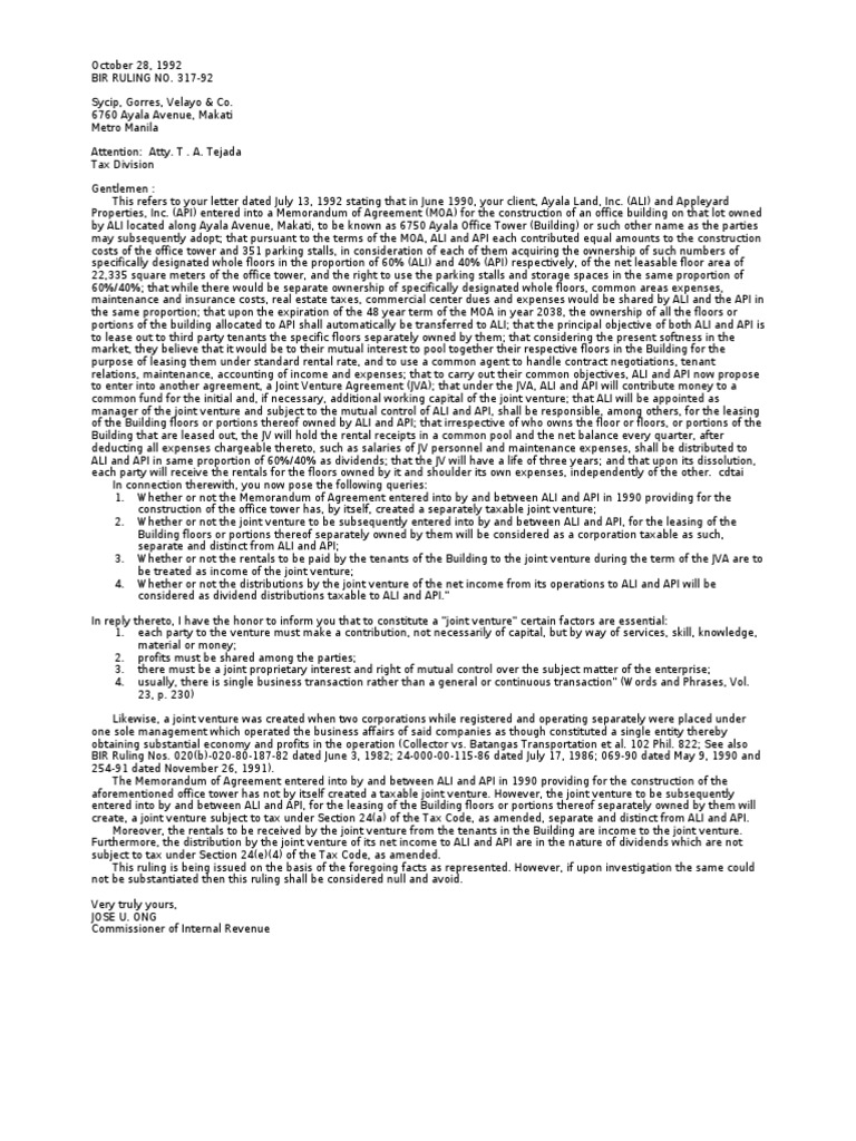 BIR Ruling 317 92 | PDF | Joint Venture | Internal Revenue Code