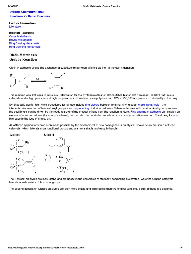 Olefin Metathesis, Grubbs Reaction | PDF | Alkene | Chemical Reactions