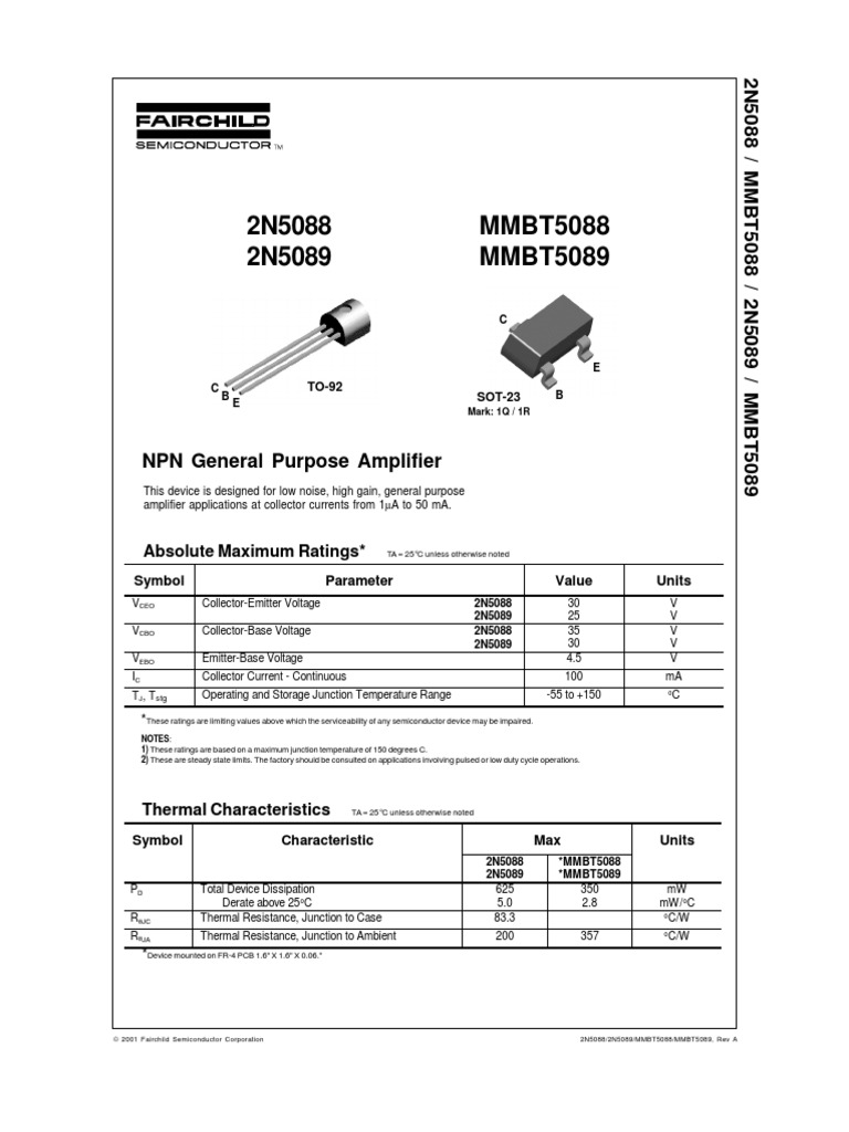 2N5088 2N5089 MMBT5088 MMBT5089: NPN General Purpose Amplifier | PDF | Amplifier | Bipolar ...