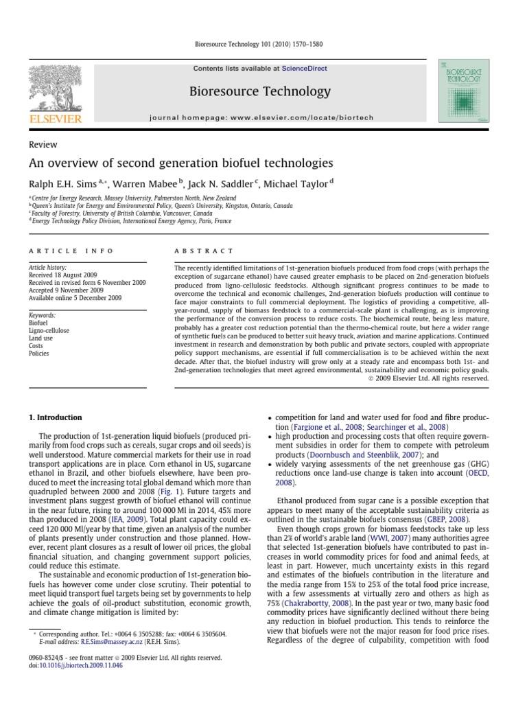 Overview of Second Generation Biofuels | PDF | Biofuel | Biomass