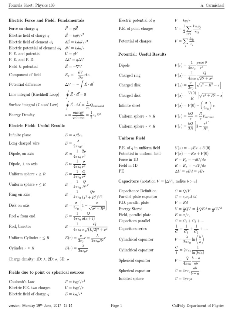 Formula Sheet Physics 133 | Download Free PDF | Inductor | Sine