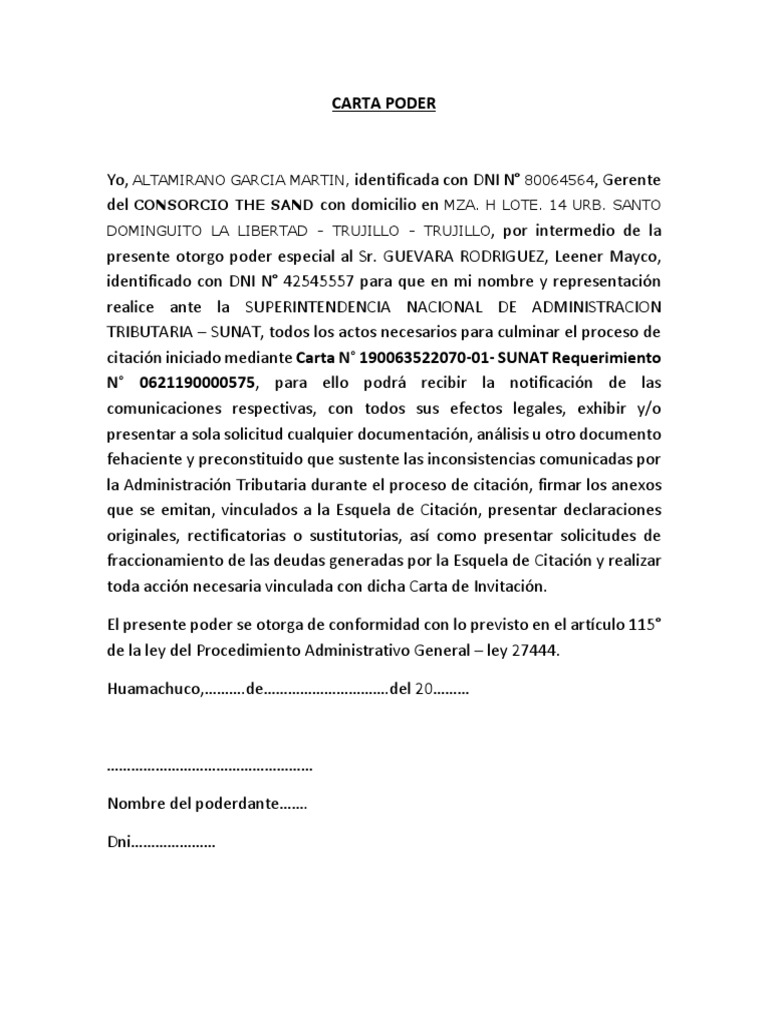 Carta Poder Sunat Fiscalizacion Ok The Sand | PDF