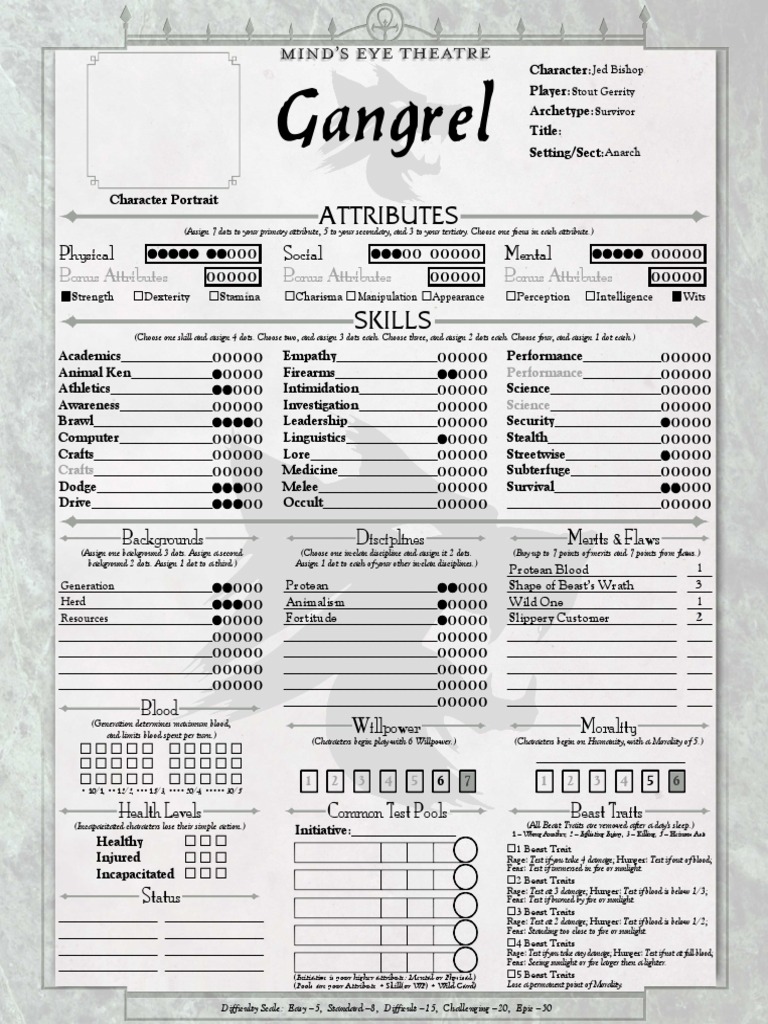BNS Gangrel Character Sheet | PDF | Cognition | Psychological Concepts