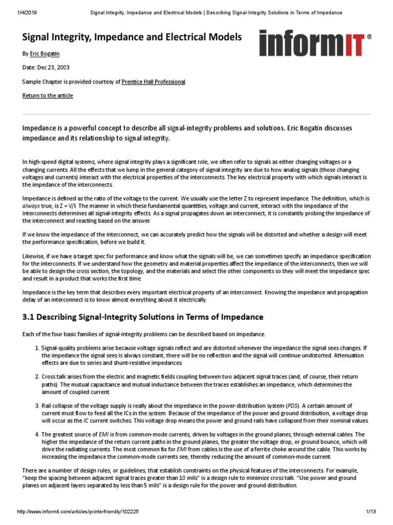 Signal Integrity, Impedance and Electrical Models - Describing Signal ...