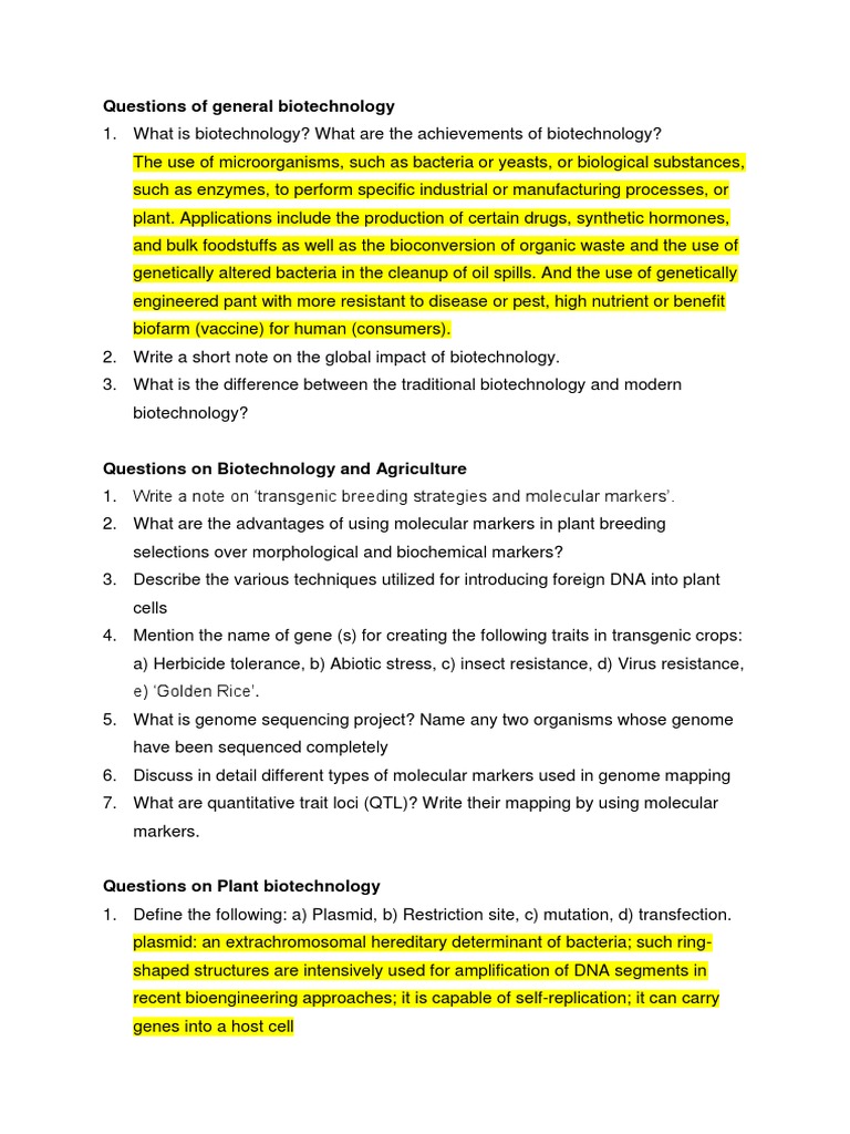 Questions of General Biotechnology - With Answer | PDF | Plasmid ...