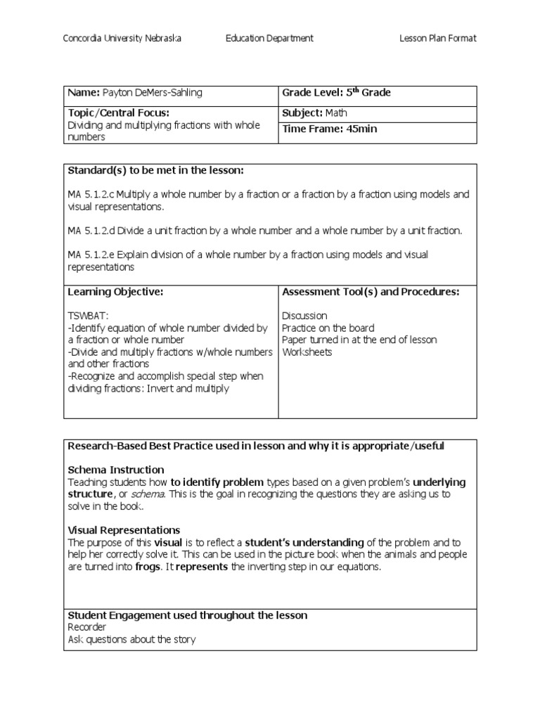 Concordia University Nebraska Education Department Lesson Plan Format ...