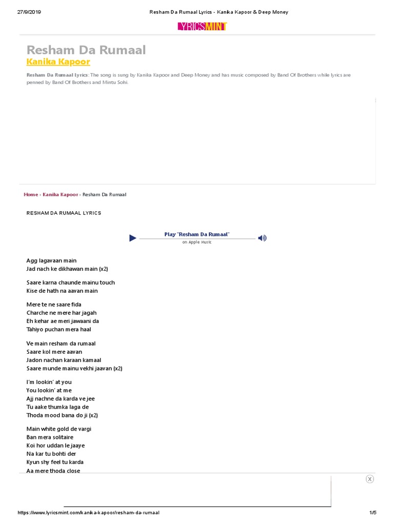 Resham Da Rumaal Lyrics - Kanika Kapoor & Deep Money | PDF