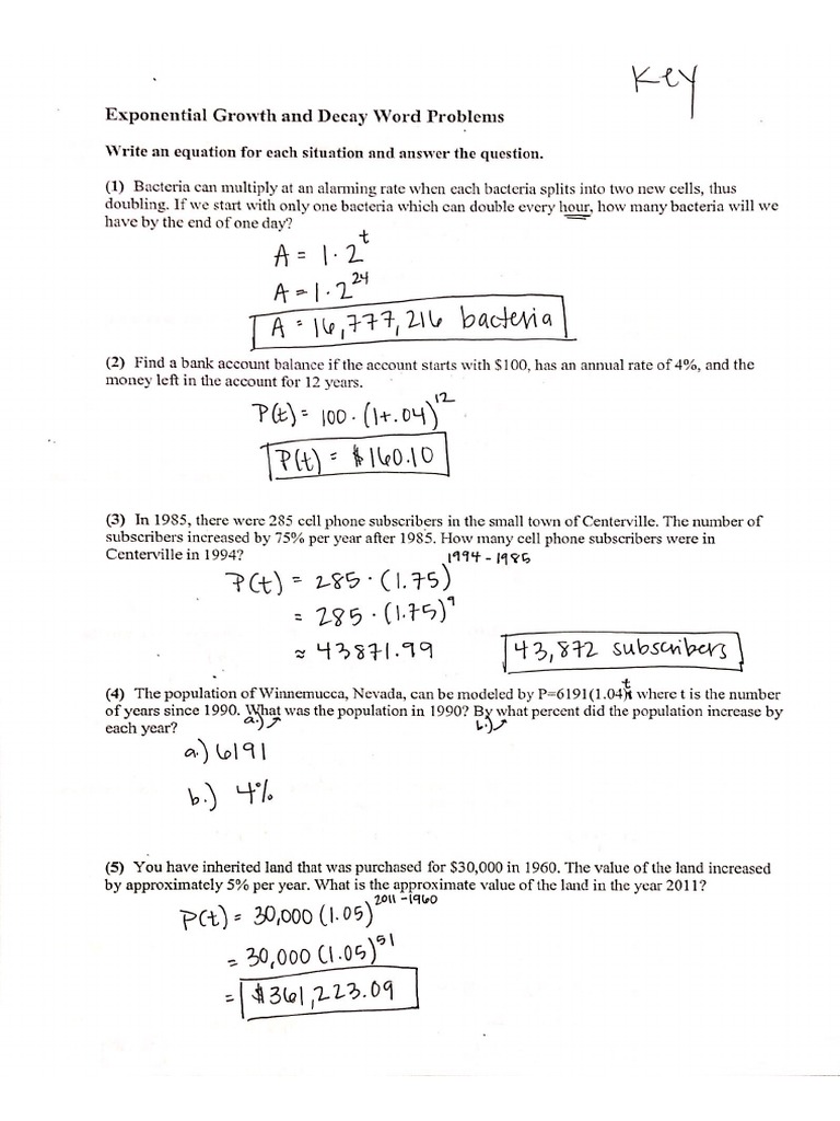 Growth Decay Word Problem Key PDF | PDF