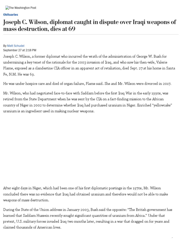 Joseph C. Wilson, Diplomat Caught in Dispute Over Iraqi Weapons of Mass ...