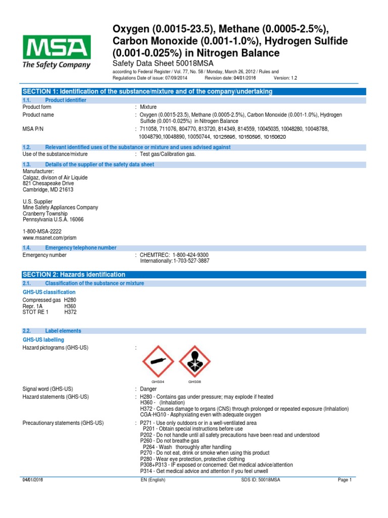 MSA SDS Calibration Check Gas | PDF | Firefighting | Toxicity