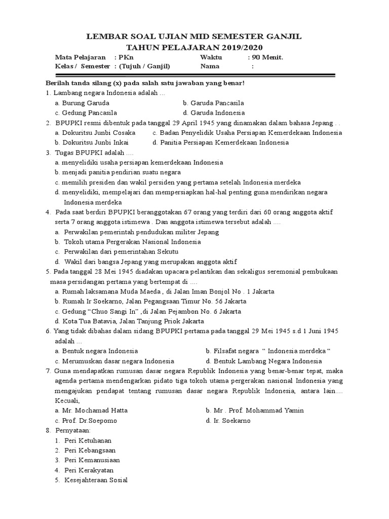 Lembar Soal Ujian Mid Semester Ganjil PKN Kelas 7 | PDF