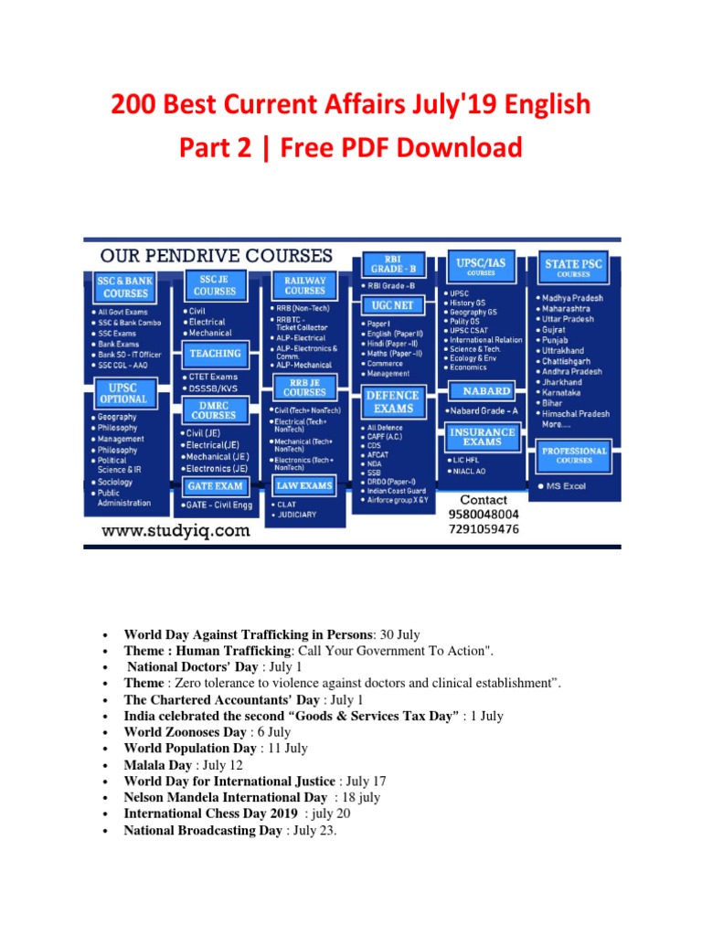 200 Best Current Affairs July'19 English Part 2 - Free PDF Download ...