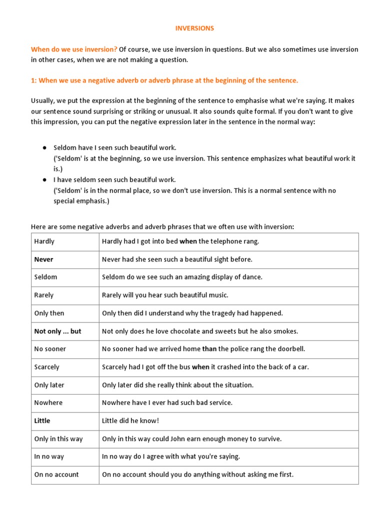 Inversions When Do We Use Inversion?: Never | PDF | Adverb | Grammar