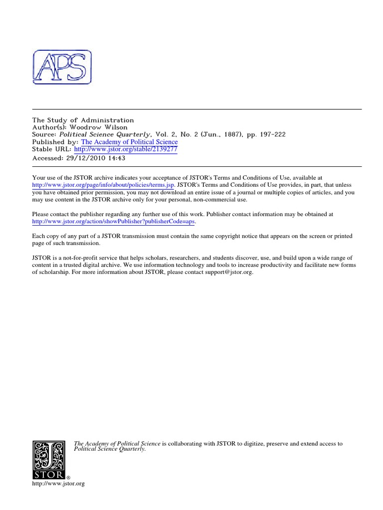 Woodrow Wilson Study of Administration 1887 Jstor PDF | PDF | Archive ...