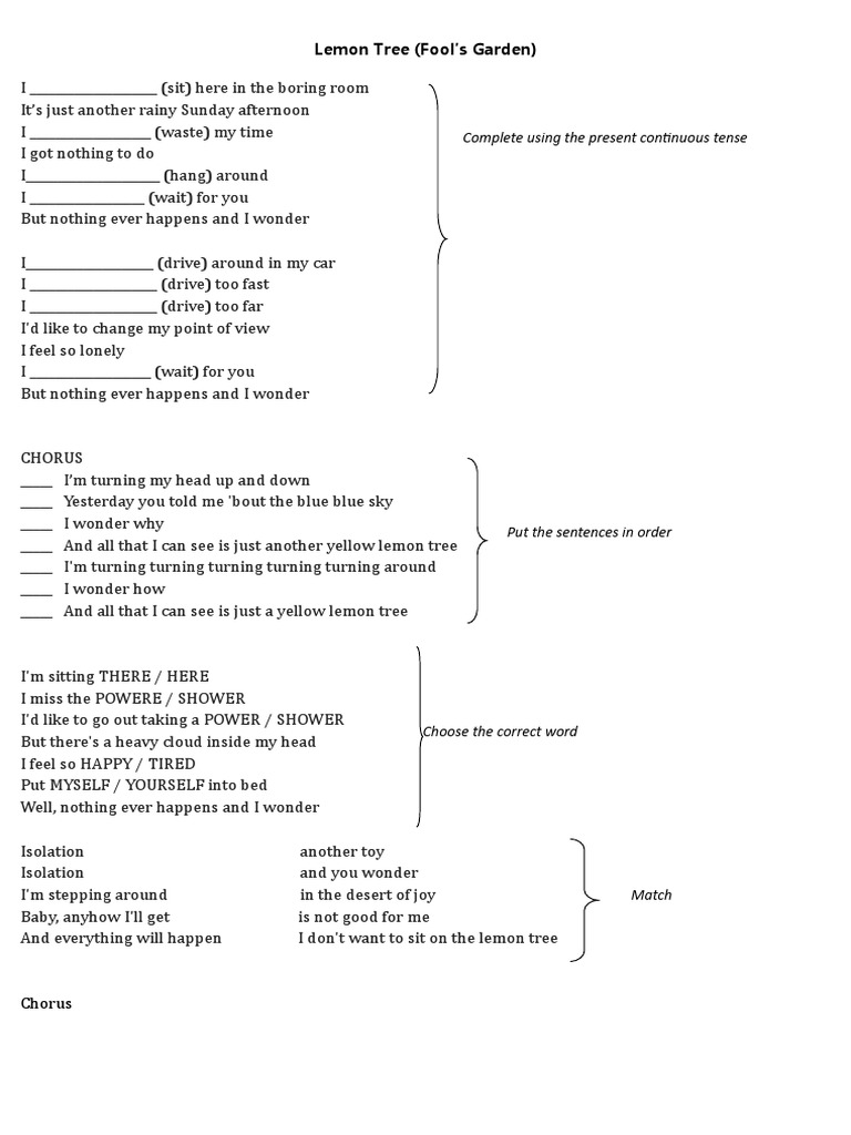Lemon Tree (Fool's Garden) : Complete Using The Present Continuous ...