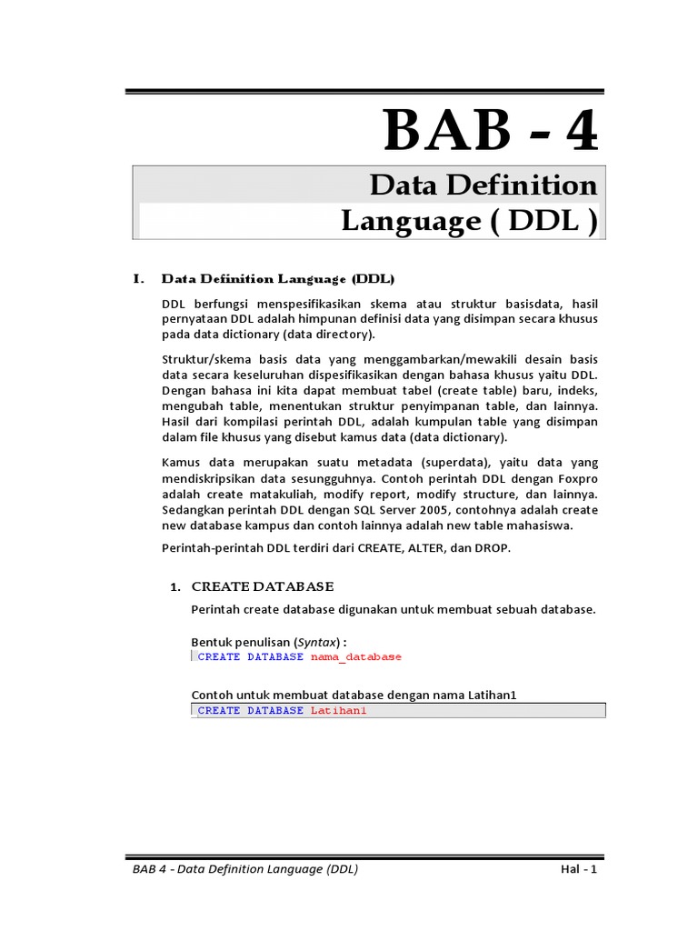 I. Data Definition Language (DDL) | PDF