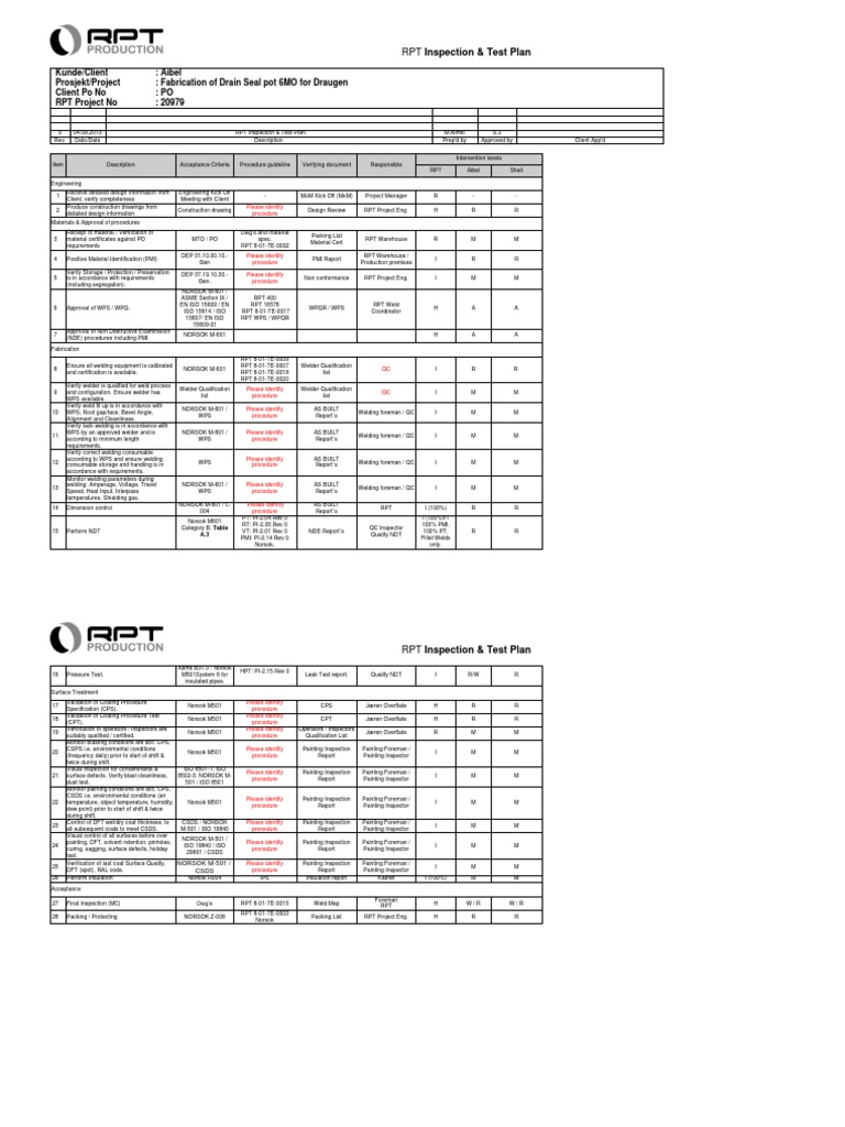 ITP Inspection and Test Plan 6MO | Nondestructive Testing | Welding