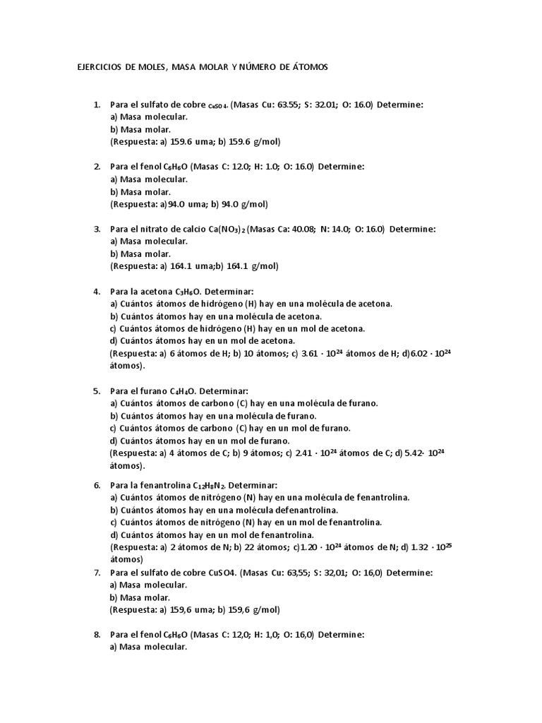 Ejercicios de Moles para Realizar en Grupos | PDF | Mole (Unidad) | Oxígeno