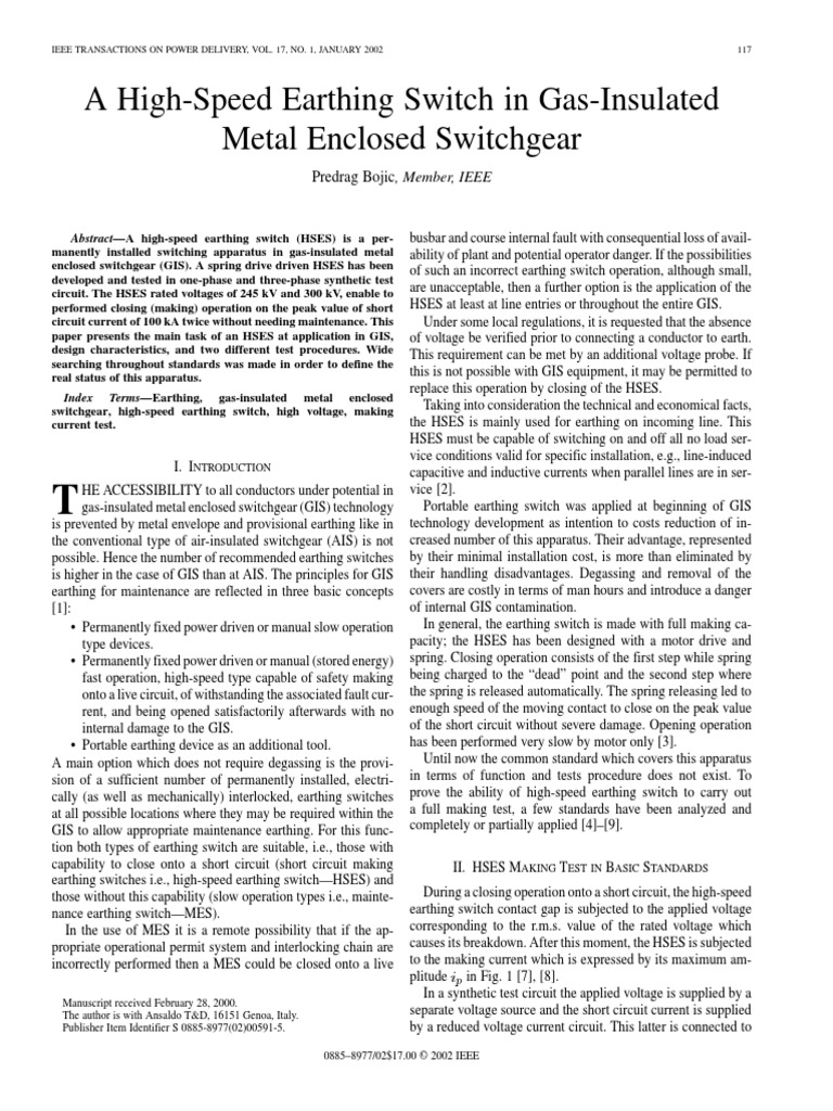 A High-Speed Earthing Switch in Gas-Insulated | PDF | Switch | Electric Arc