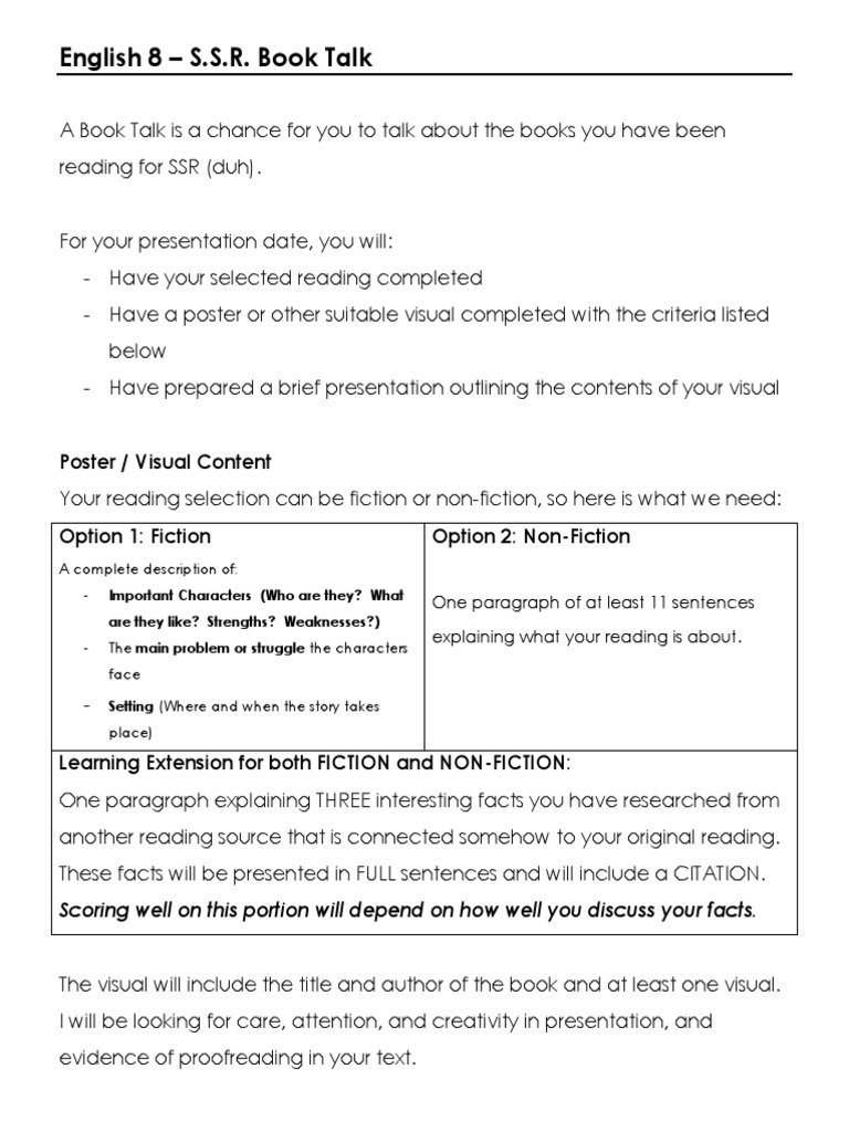 English 8 - S.S.R. Book Talk: Poster / Visual Content | PDF