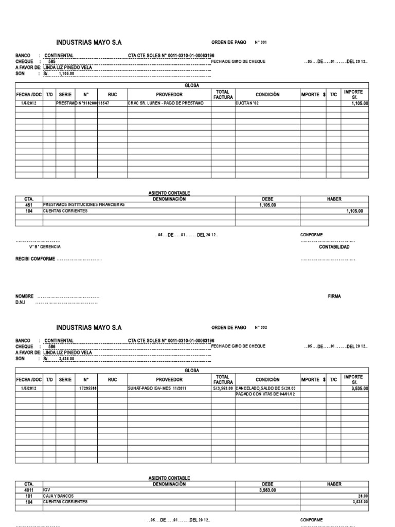 Ordenes de Pago | PDF | Cheque | Cuenta de transacción