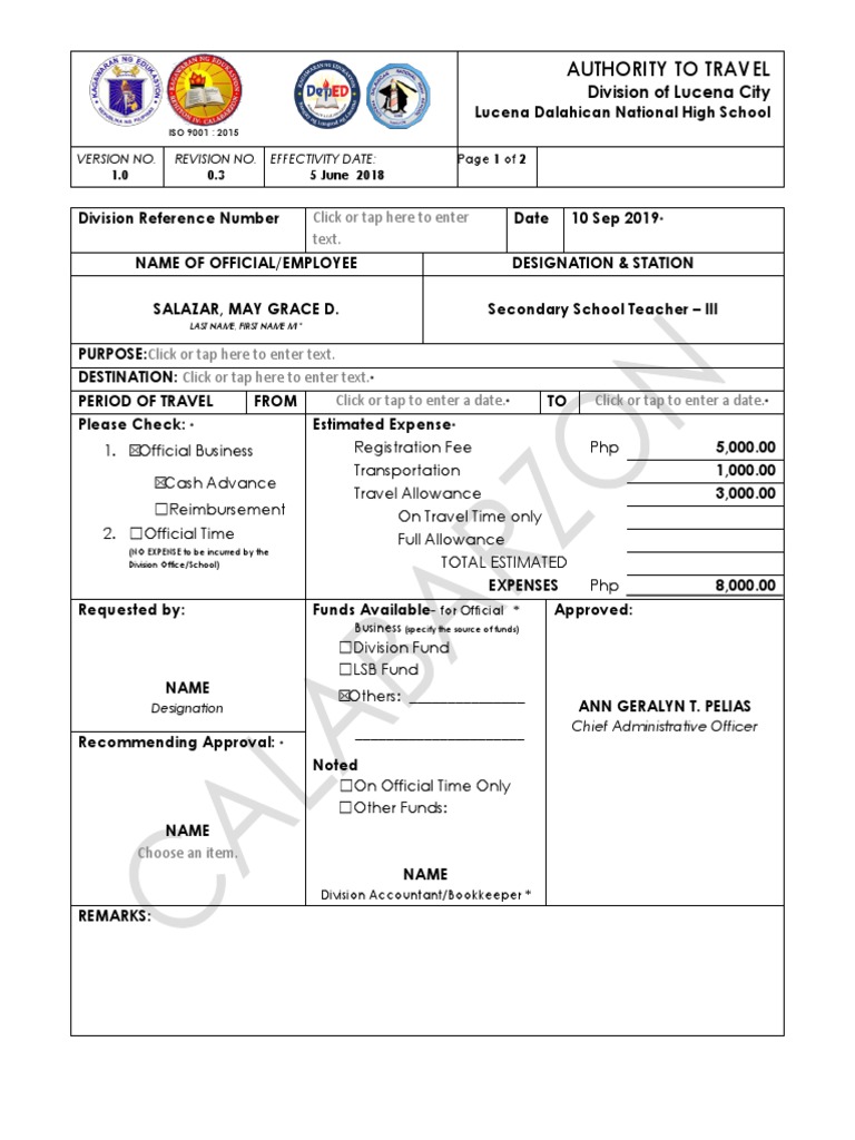 Revised Travel Order Region School Outside Calabarzon | PDF | Business