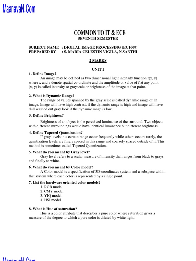 2 Marks Digital Image Processing | PDF | Data Compression | Discrete Fourier Transform