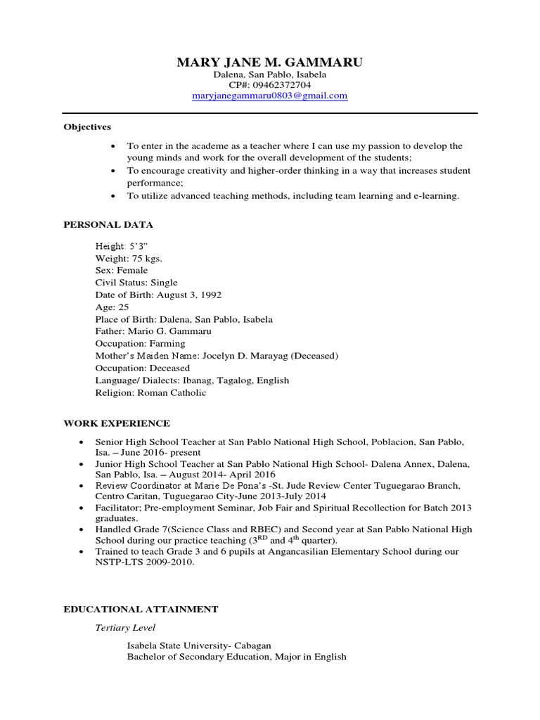 Jane Resume | PDF | Teachers | Communication