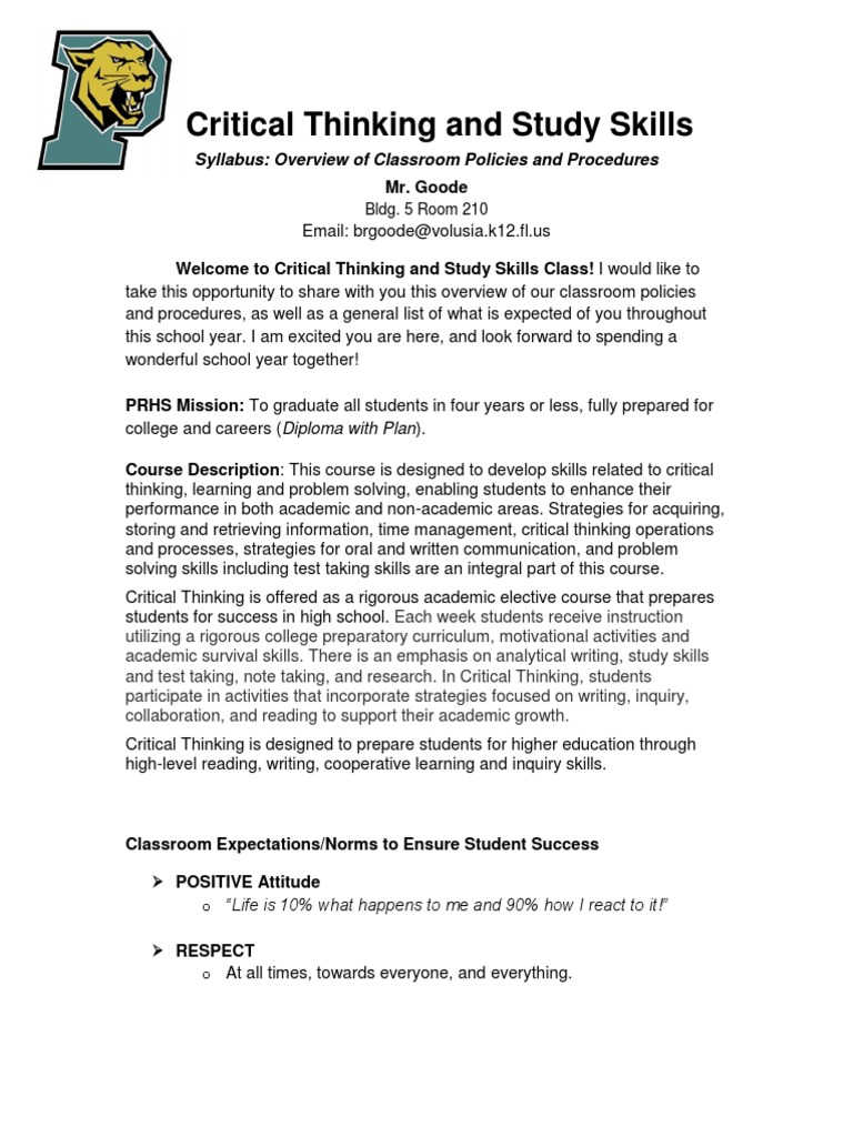 Critical Thinking Syllabus UPDATED | PDF | Homework | Critical Thinking