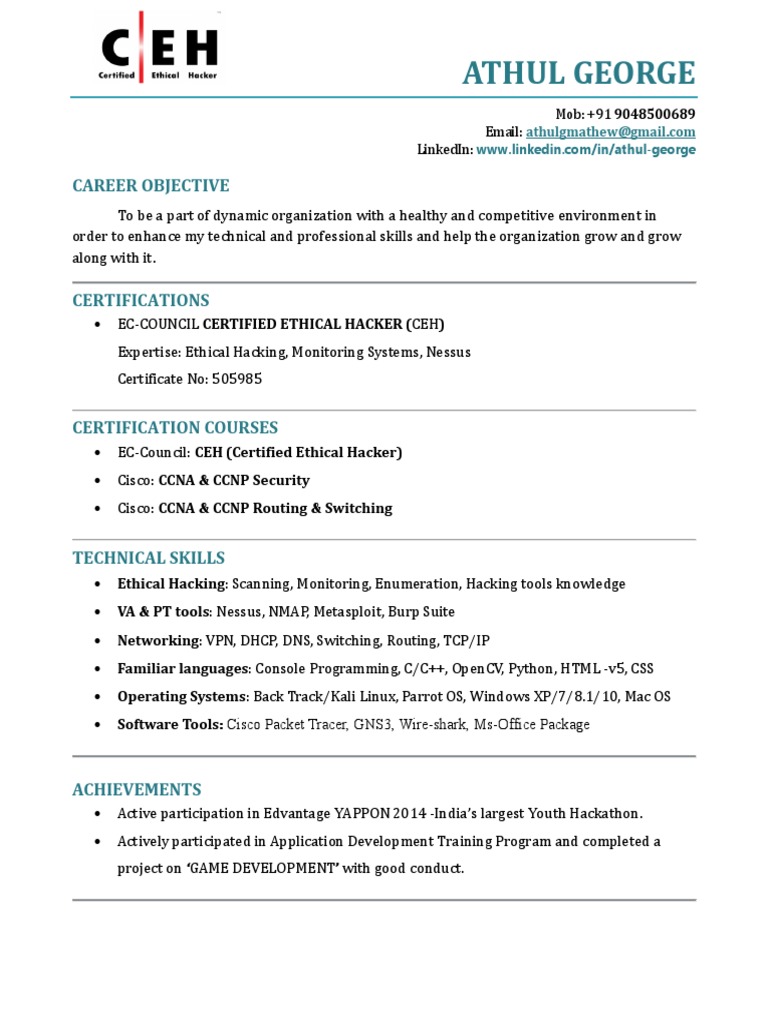 Athul George - Resume | PDF | Cisco Certifications | White Hat (Computer Security)